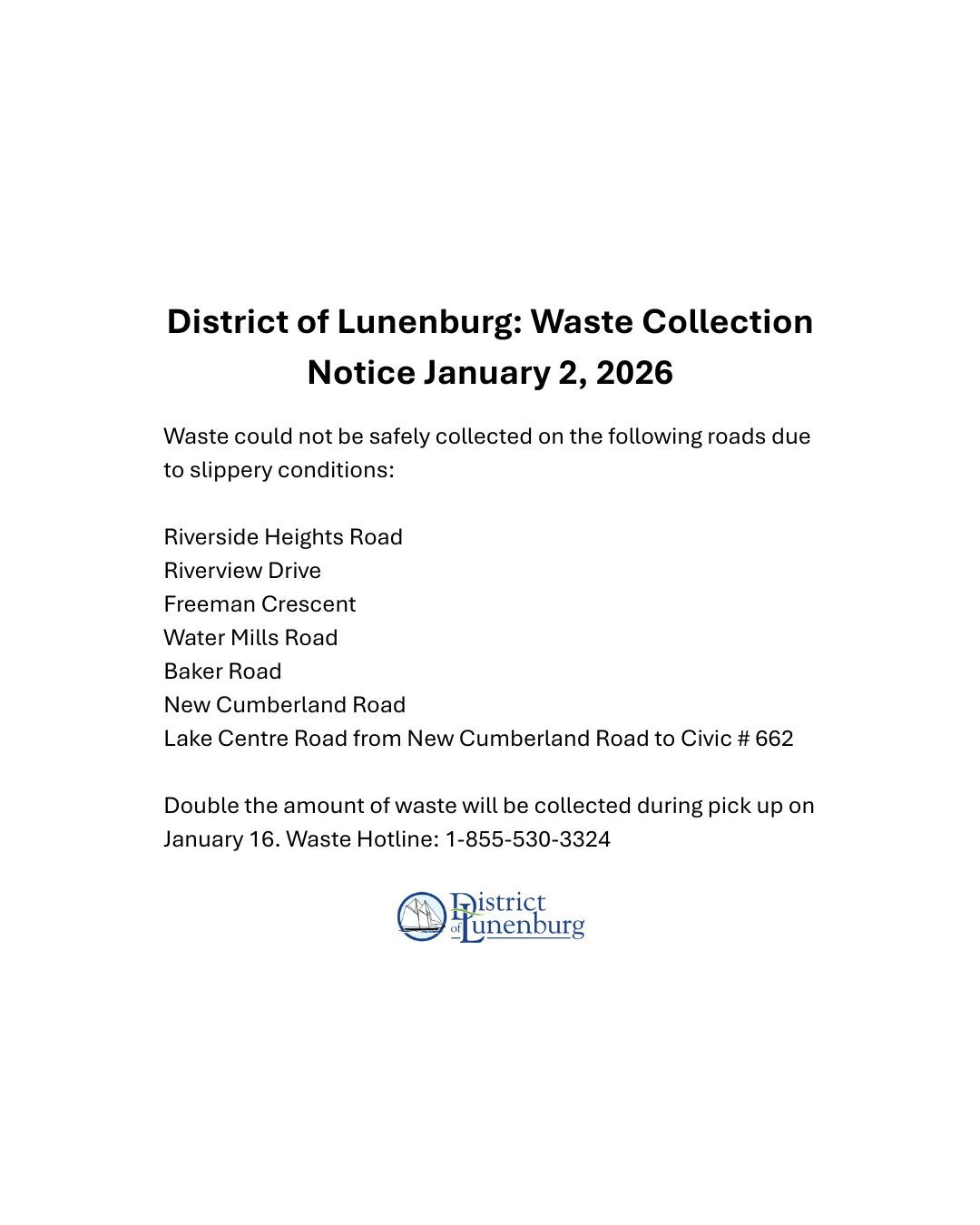 Waste Collection Notice: District of Lunenburg January 2, 2026 - South ...